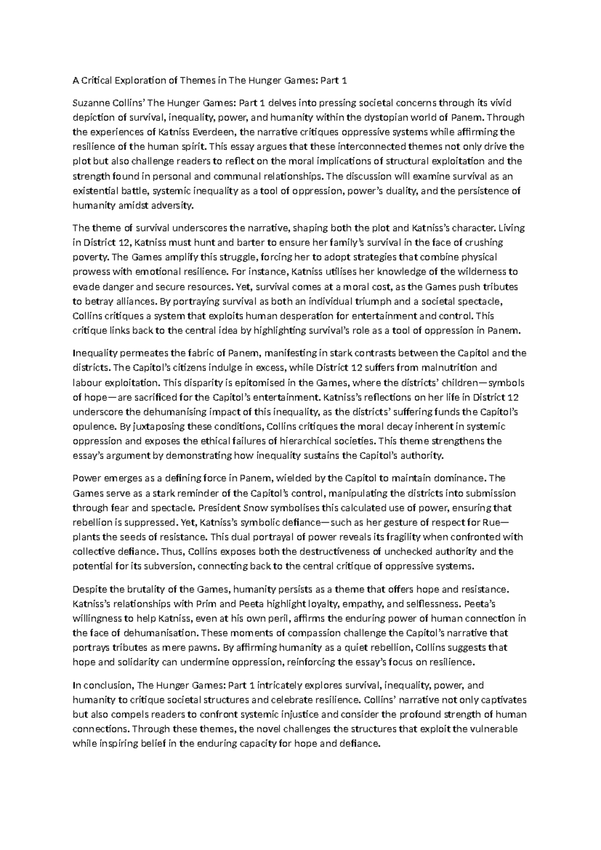 A Critical Analysis of Themes in The Hunger Games: Part 1 - Studocu