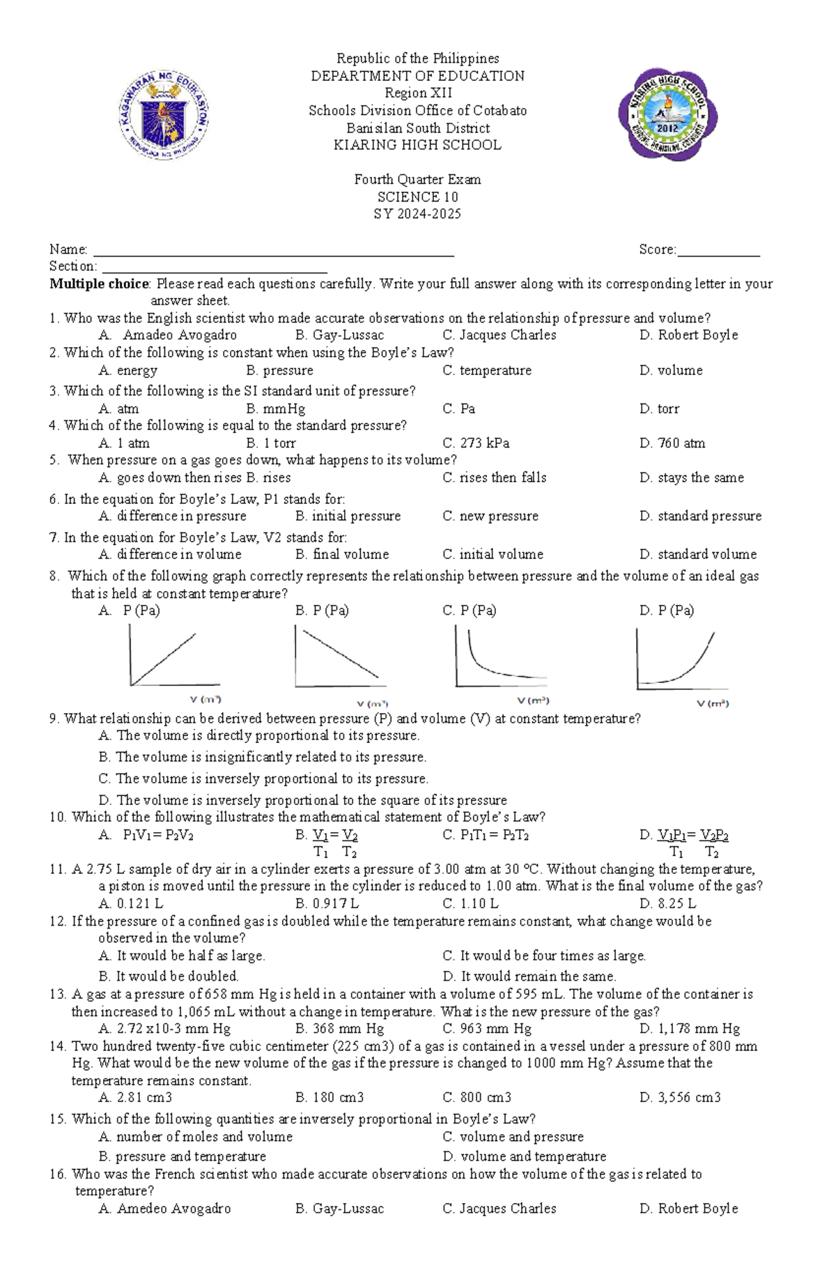 G10 4th Quarter Exam - nhk - Republic of the Philippines DEPARTMENT OF ...