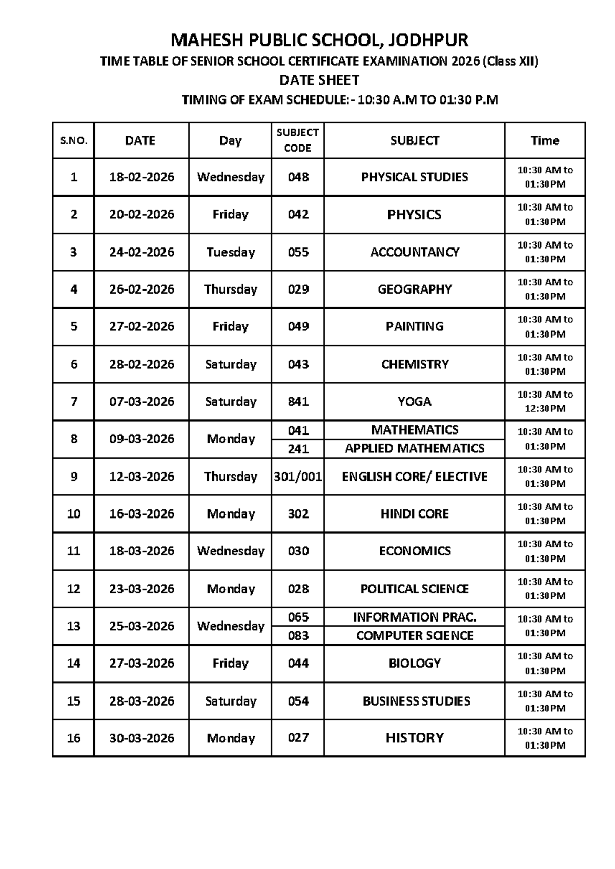 Class XII Board Exam Time Table 2026 - Mahesh Public School - Studocu