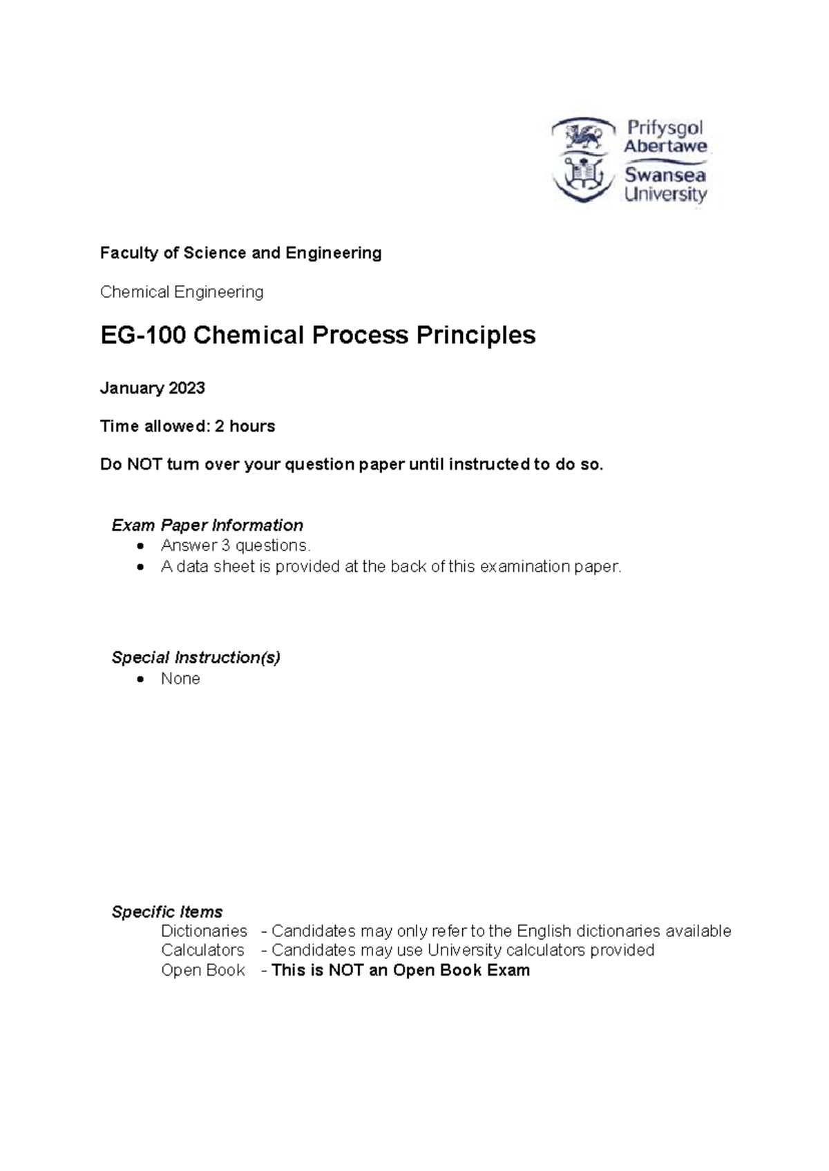 EG-100 Chemical Engineering Exam Paper - January 2023 - Studocu