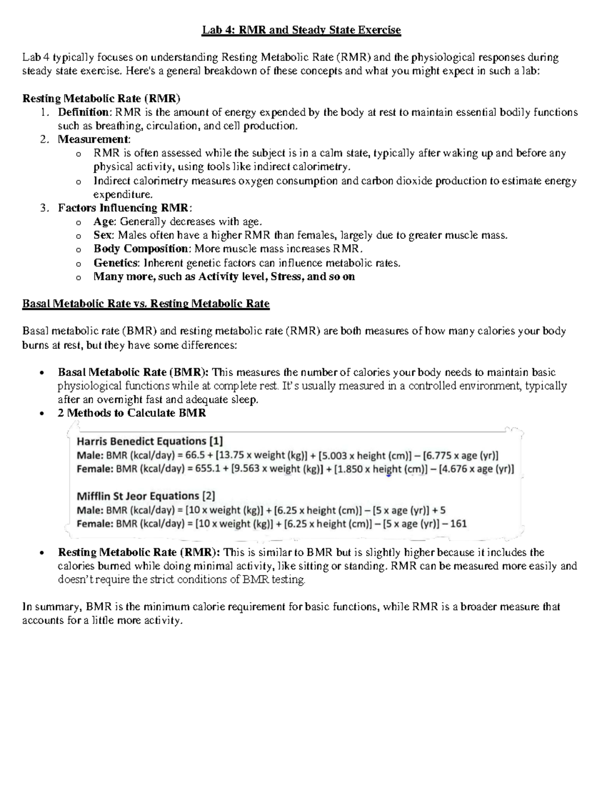 Lab 4: RMR & Steady State Exercise Overview - Studocu