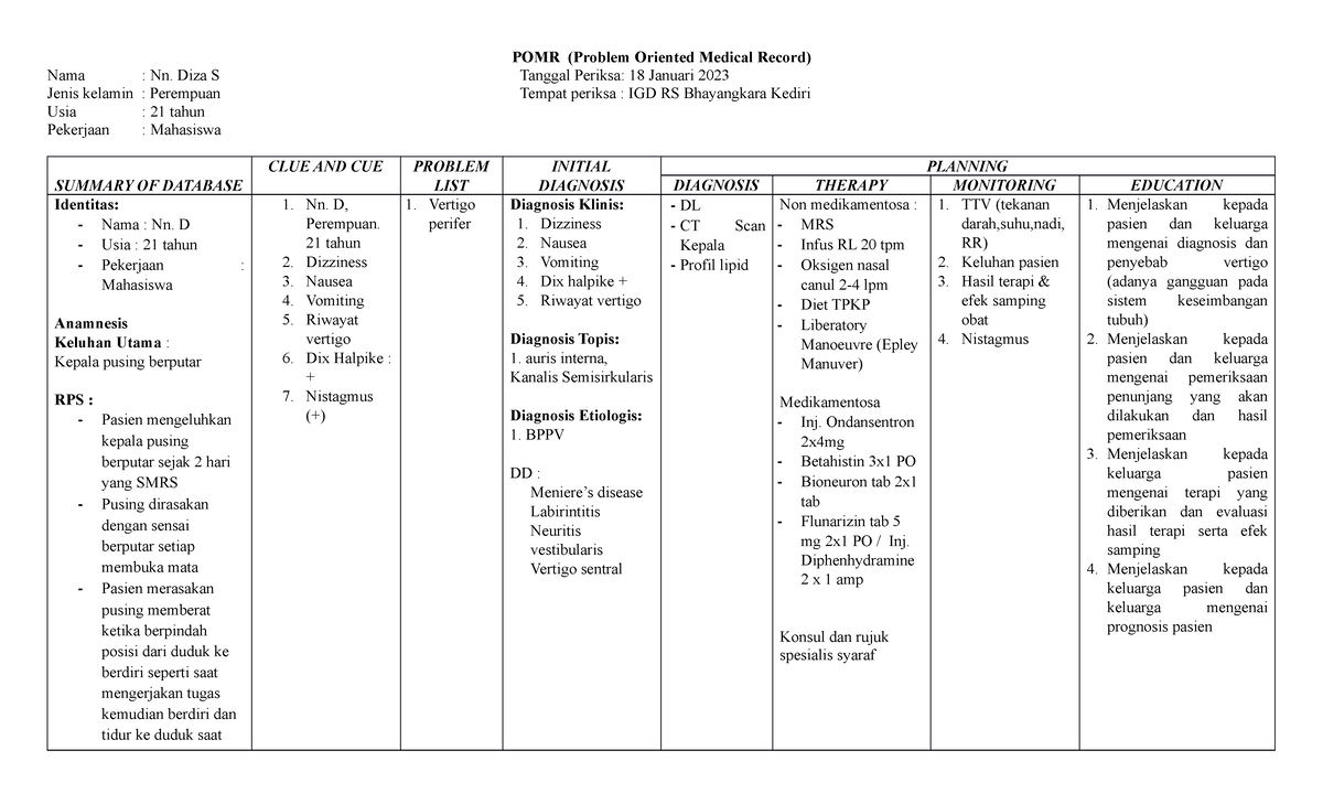 POMR Case Study on Vertigo Diagnosis and Treatment - POMR - Studocu