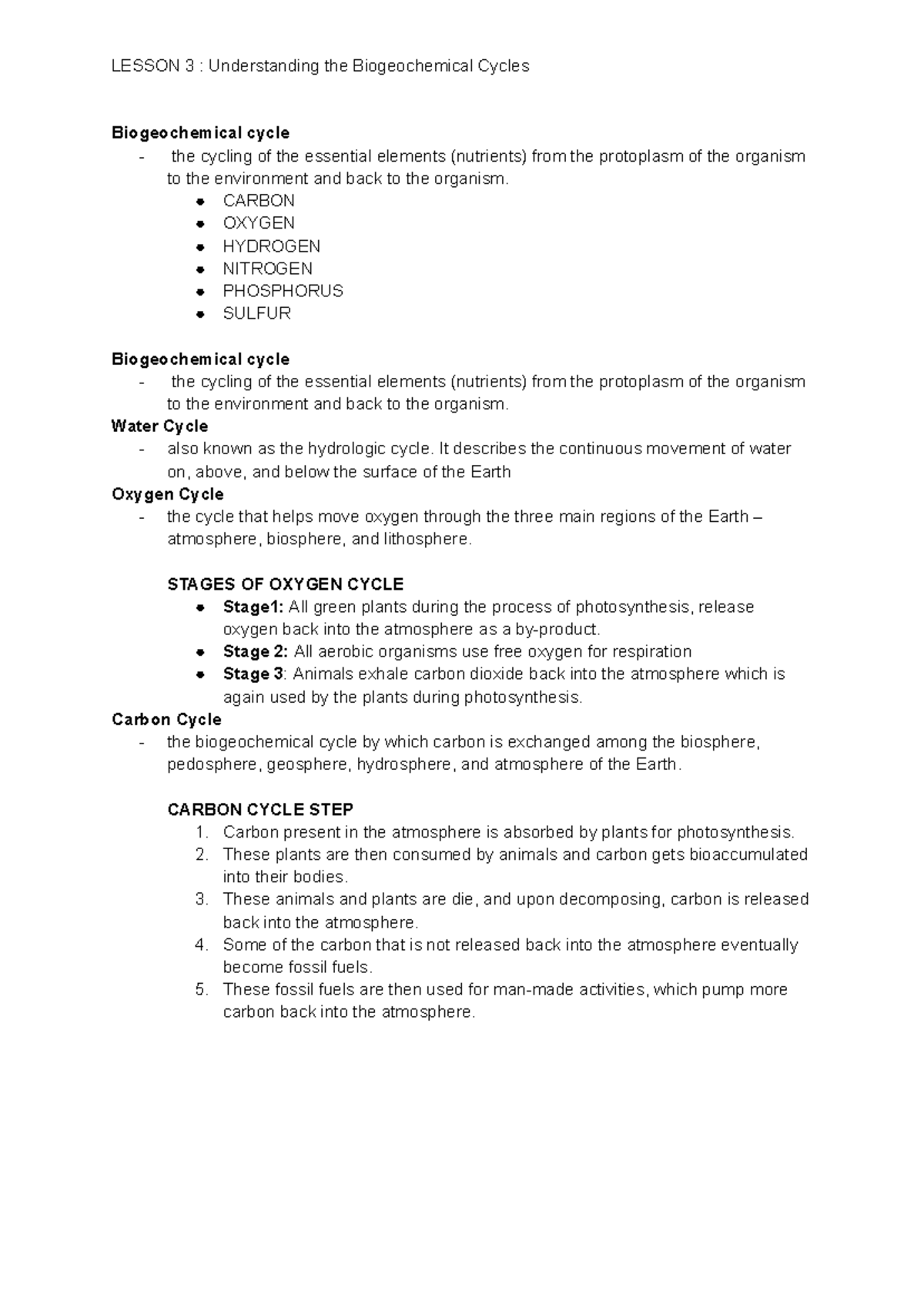 Lesson 3 - Biogeochemical Cycles Overview and Key Processes - Studocu