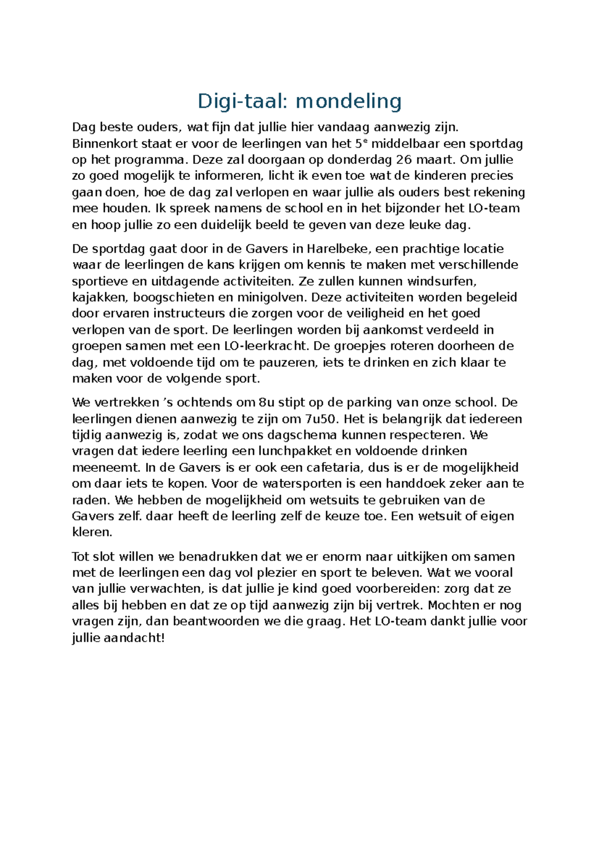 Digi-taal Mondeling: Informatie Sportdag 5e Middelbaar - Studocu