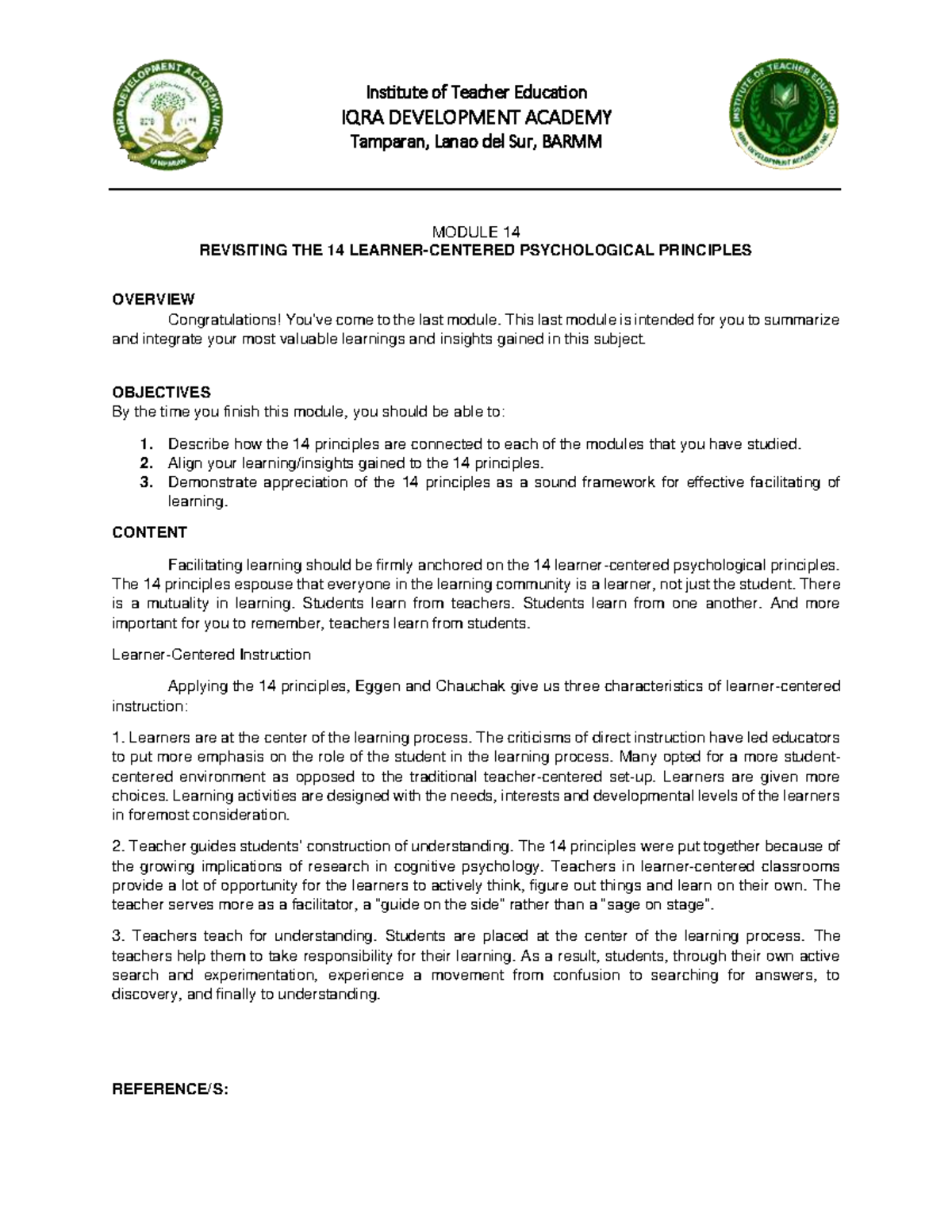 Module 14: Revisiting the 14 Learner-Centered Psychological Principles ...