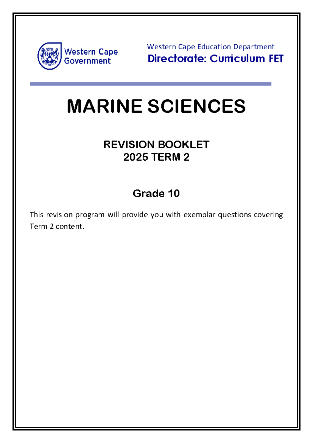 Marine Sciences Revision Booklet 2504 Grade 10 Term 2 2025 - Studocu
