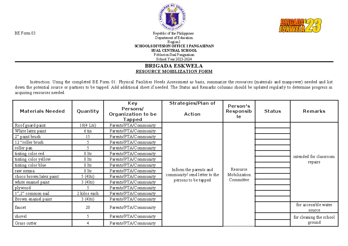 BE-Form-3: Resource Mobilization for Brigada Eskwela 2023 - Studocu