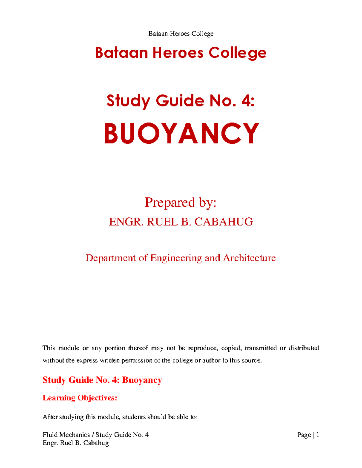 Fluid Mechanics Study Guide No. 4: Buoyancy Concepts and Applications ...