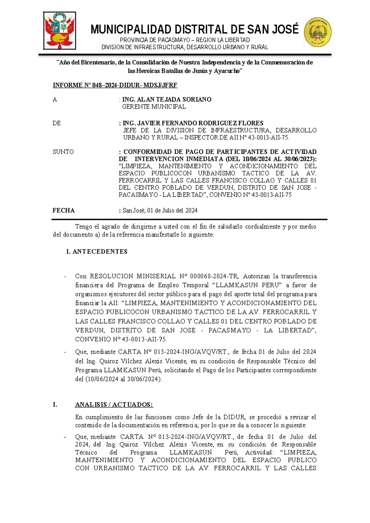 Informe N° 048-2024: Conformidad de Pago – Llamkasun Perú - Studocu