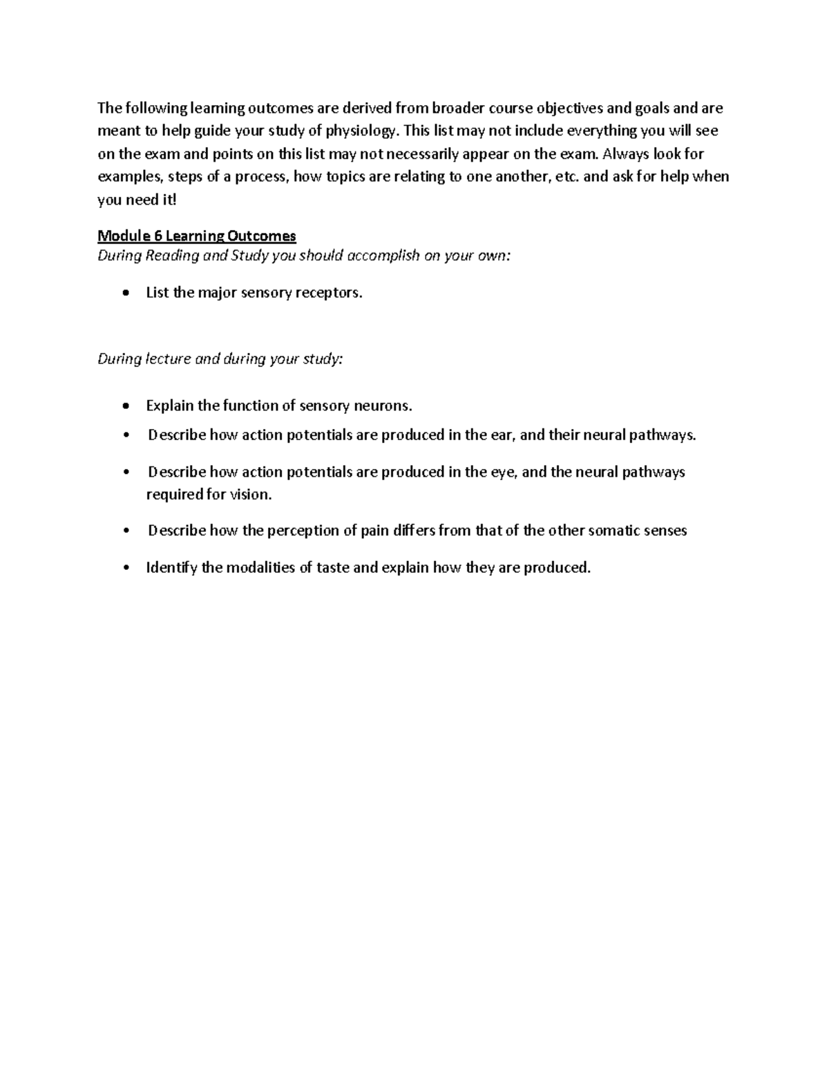 Physiology Module 6 Study Guide: Sensory Systems Learning Outcomes ...