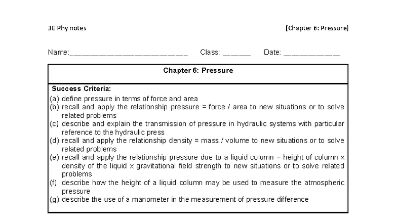 3E Phy Notes 6: Chapter 6 - Understanding Pressure Concepts - Studocu