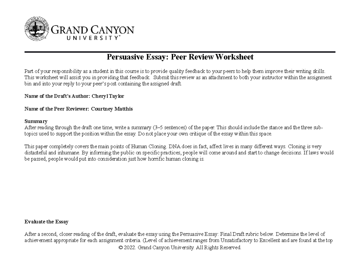PHI-105 T-6 Persuasive Essay Peer Review Worksheet Guide - Studocu