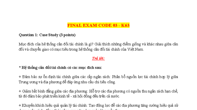 FINAL EXAM CODE 03 K63: Case Study & True/False Analysis on Financial Balance - Studocu