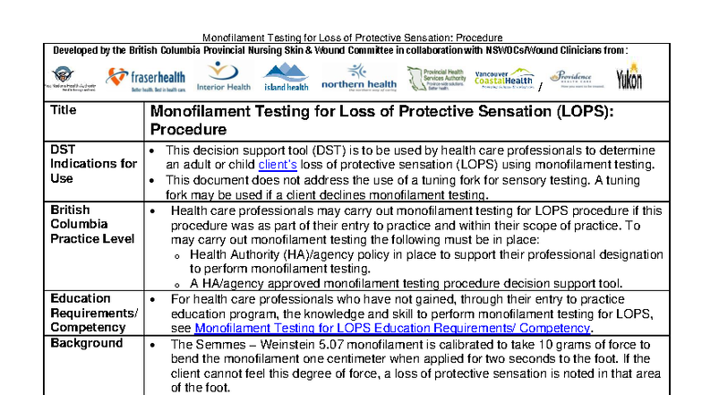 Monofilament Testing for Loss of Protective Sensation (LOPS): Procedure ...