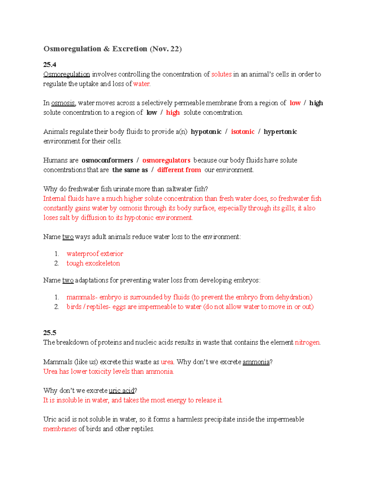 BIO101 Notes Exam 4 - Osmoregulation & Excretion (Nov. 22) 25 ...