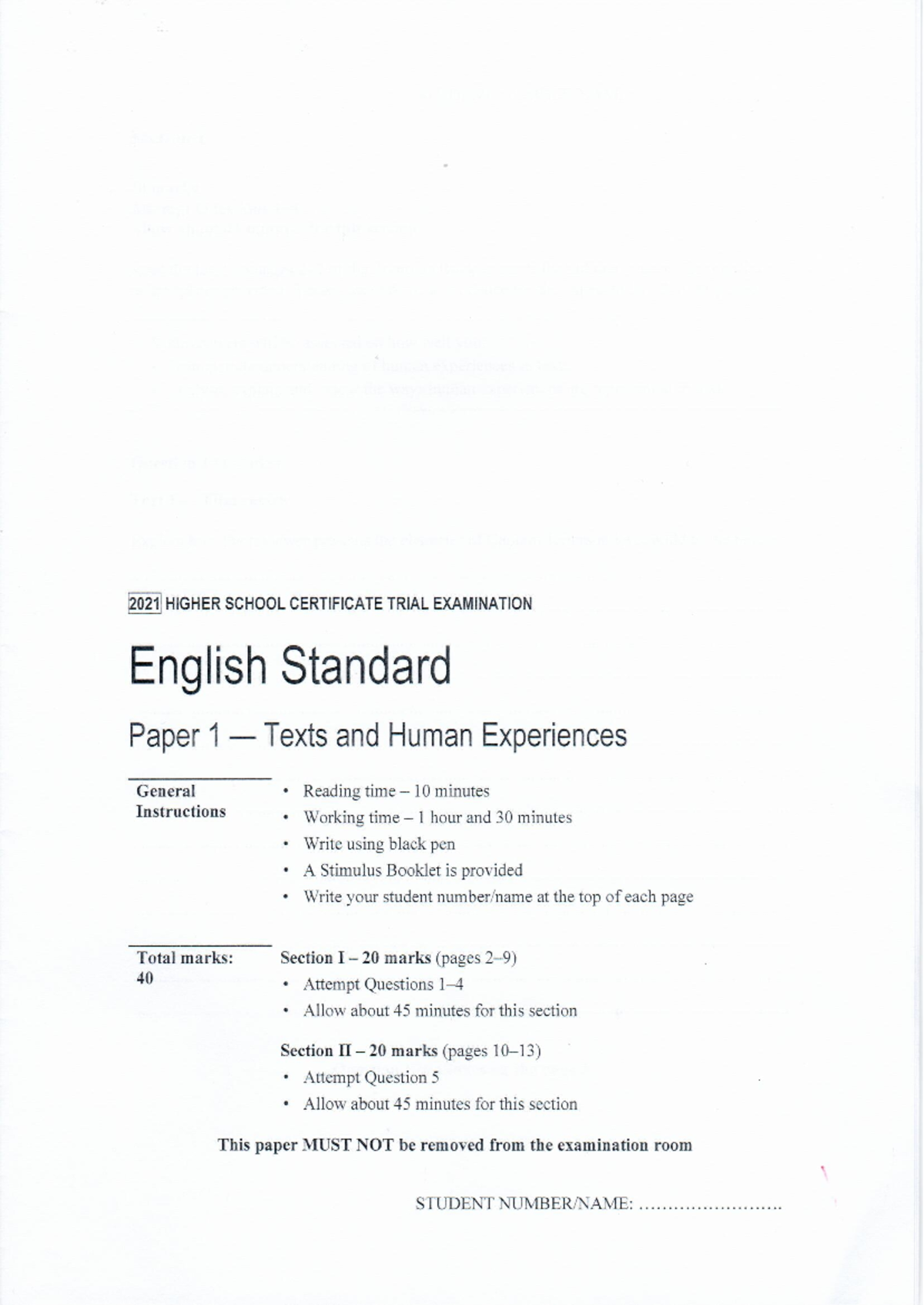 2021 HSC Trial Exam: English Standard Paper 1 - Texts & Human ...