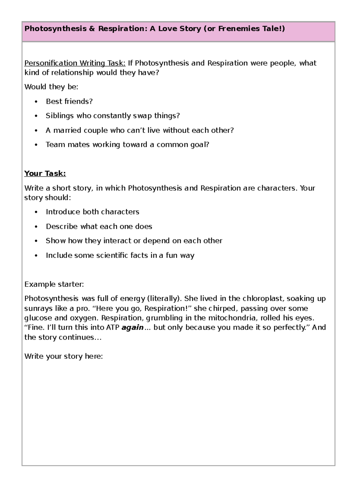 Photosynthesis vs. Respiration: A Creative Writing Task - Studocu