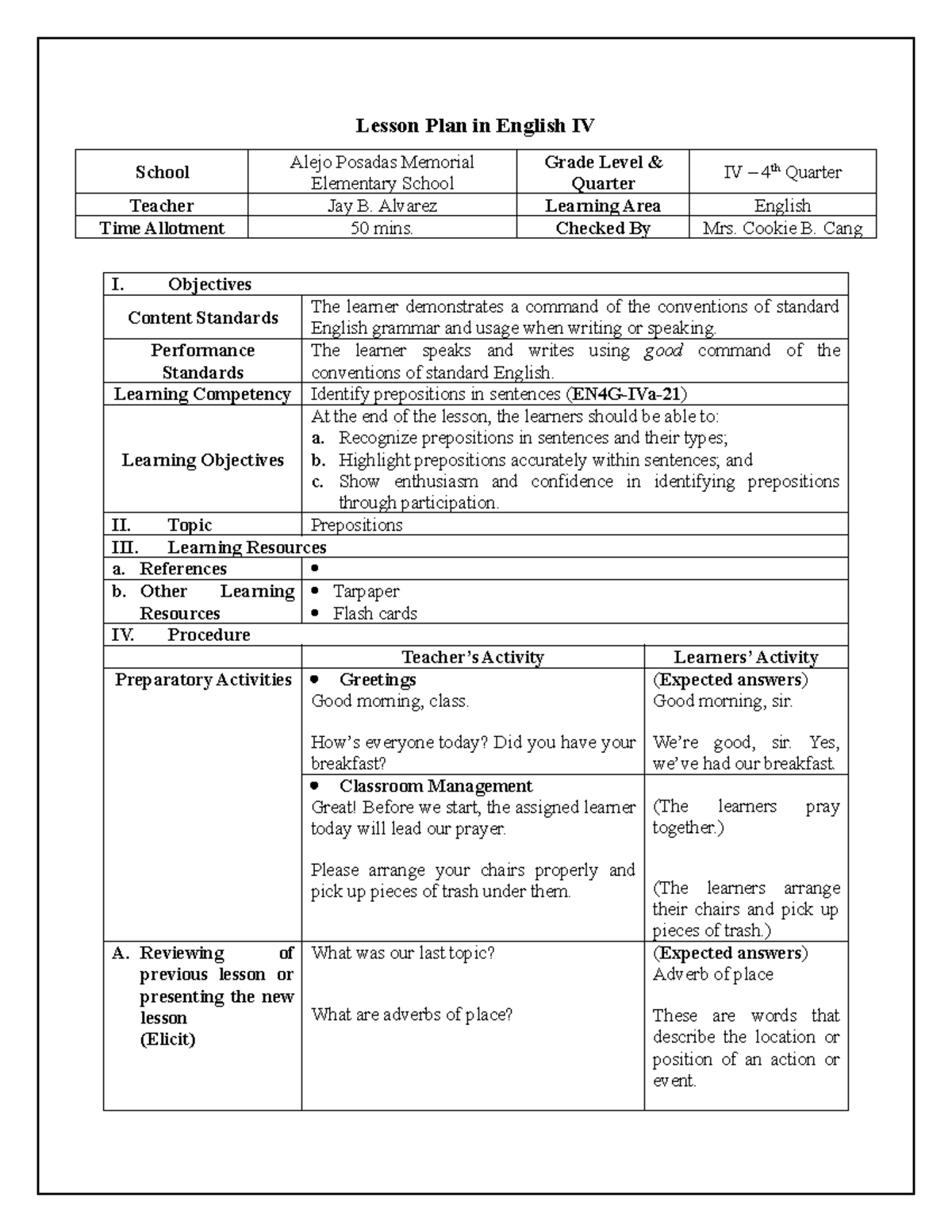 English IV Lesson Plan: Understanding Prepositions in Depth - Studocu