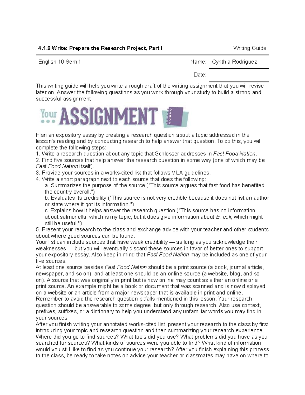 ENG 10 Sem 1: Research Project Writing Guide, Part I Preparation - Studocu