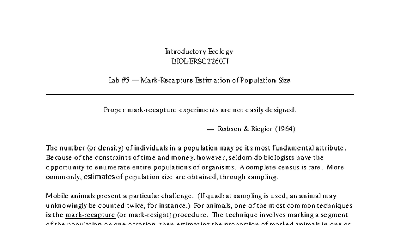 2260H Lab 05: Estimating Population Size Using Mark-Recapture - Studocu