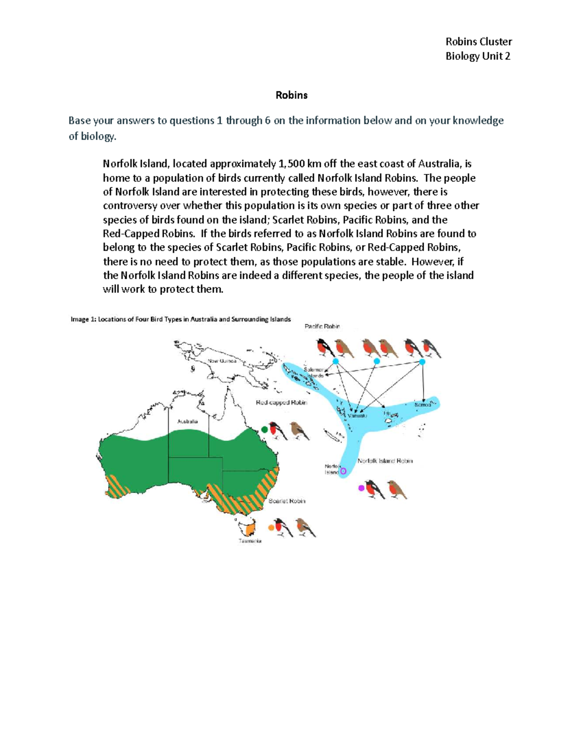 Robins Cluster Biology Unit 2: Norfolk Island Robins Study Guide - Studocu