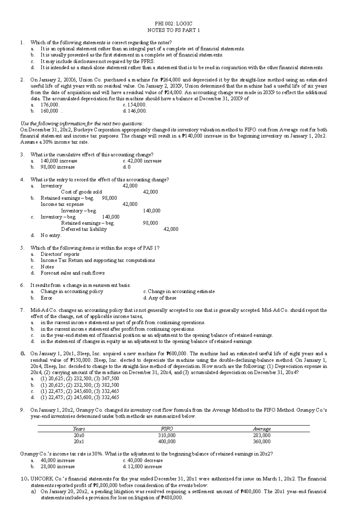 PHI 002: Logic Notes for Financial Statements - Quiz Review - Studocu