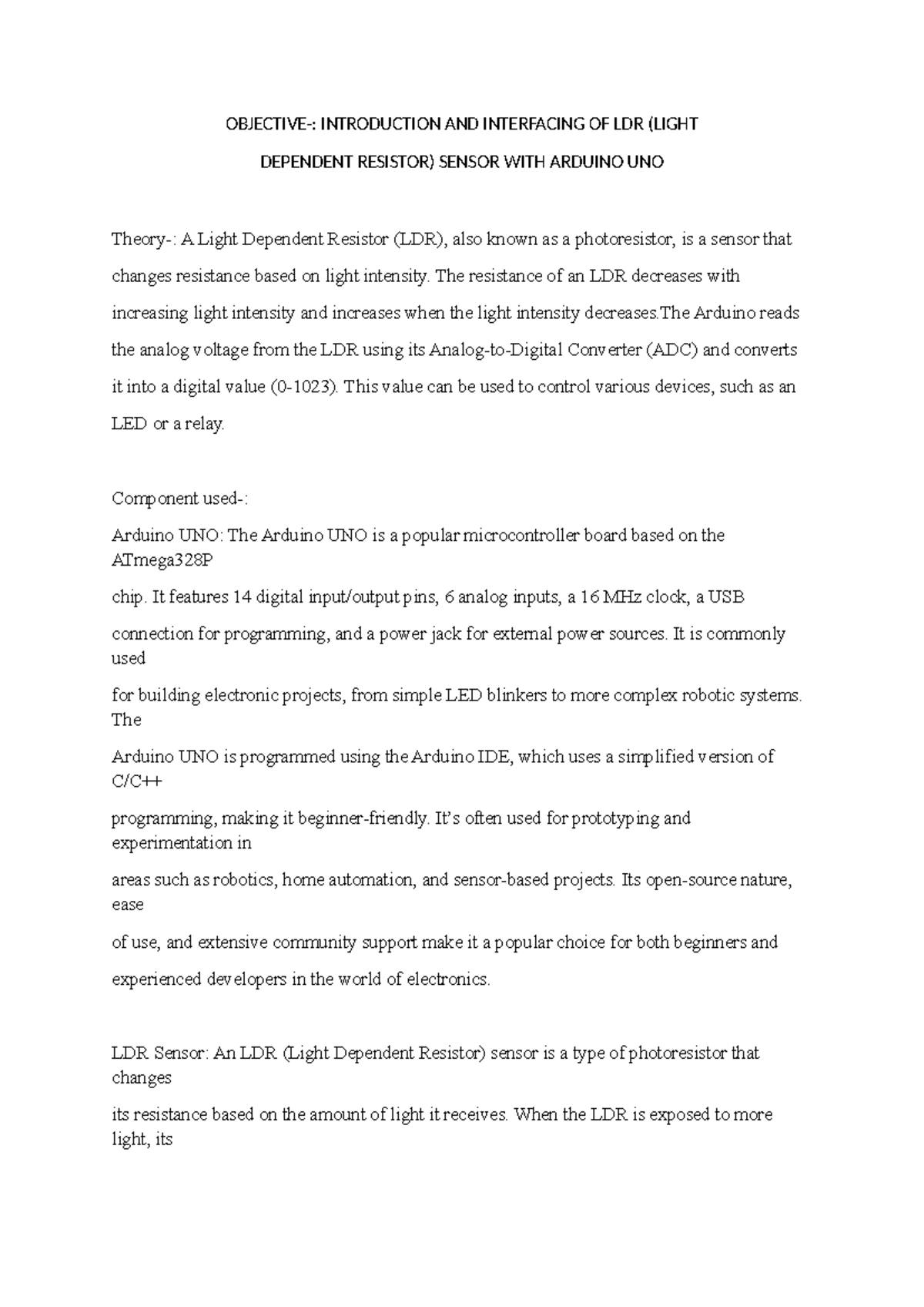 Task 6 - Interfacing LDR Sensor with Arduino UNO: A Guide - Studocu