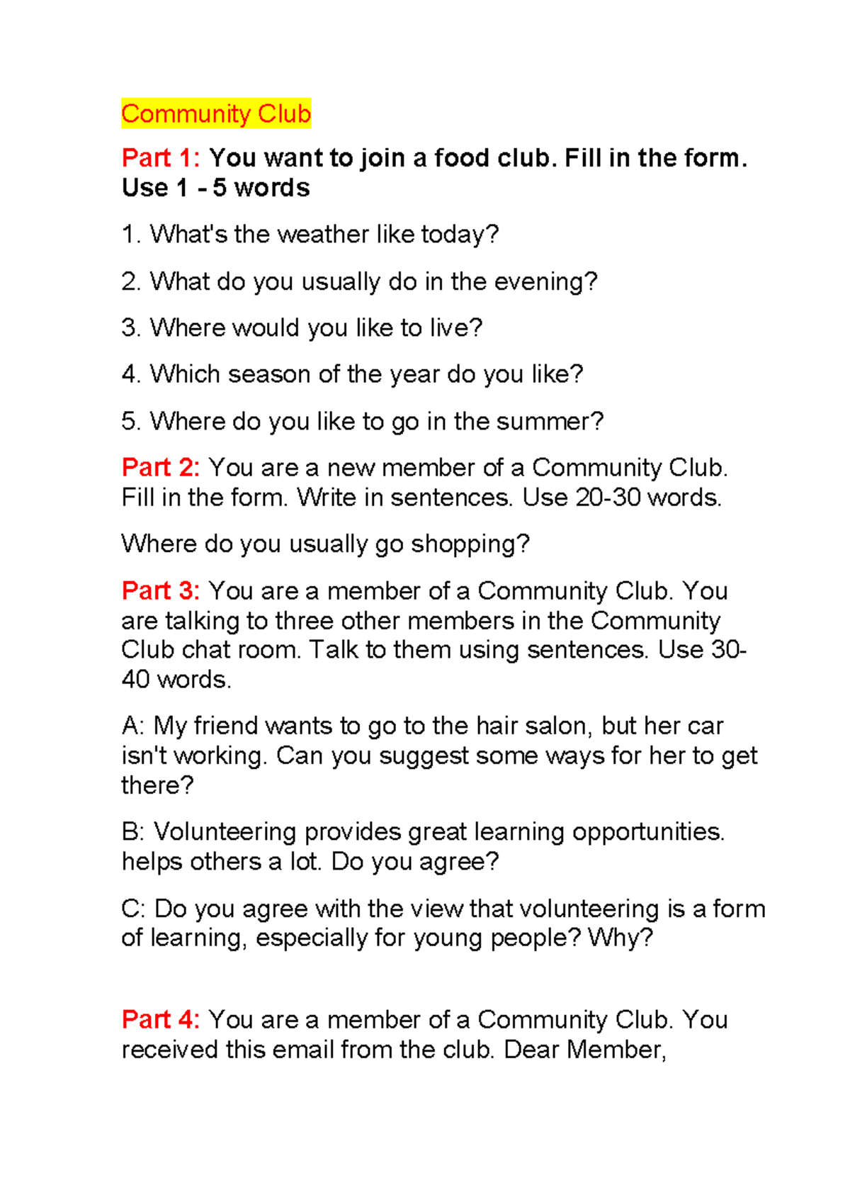 Key Speaking and Writing: Community Club Activities and Engagement ...