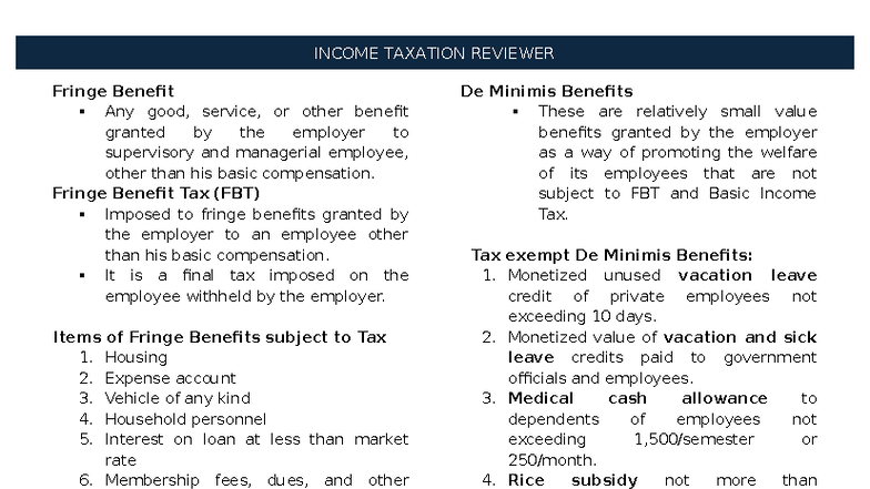 INCOME TAXATION REVIEWER: Understanding Fringe Benefits and FBT - Studocu