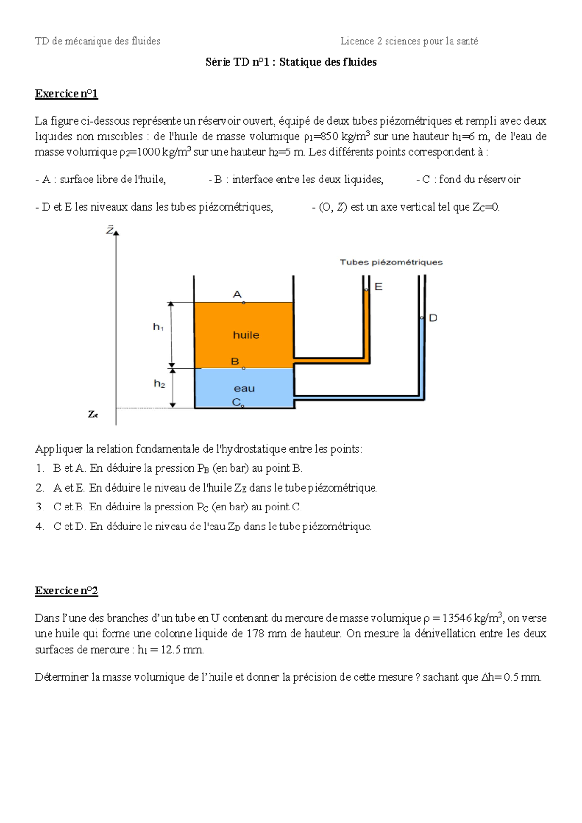 TD Mécanique des Fluides - Série TD 1 & 2 : Statique et Dynamique - Studocu