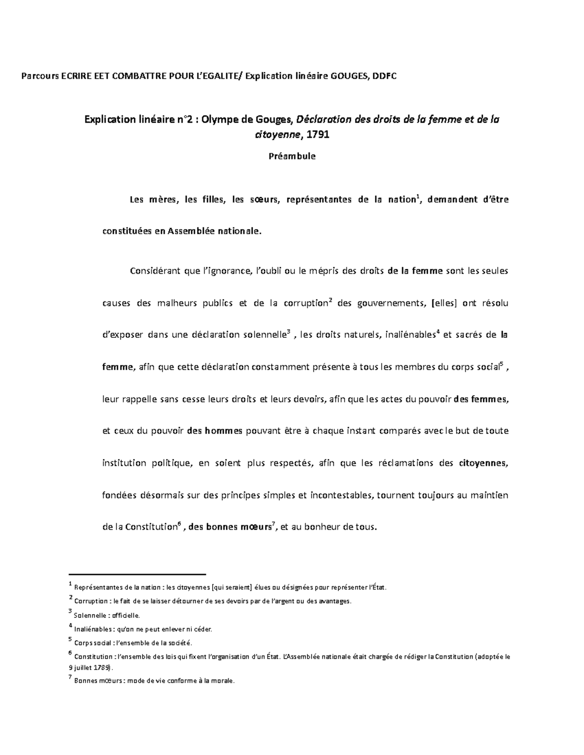 Preambule Olympe de Gouges - Parcours ECRIRE EET COMBATTRE POUR L’EGALITE/ Explication linéaire ...