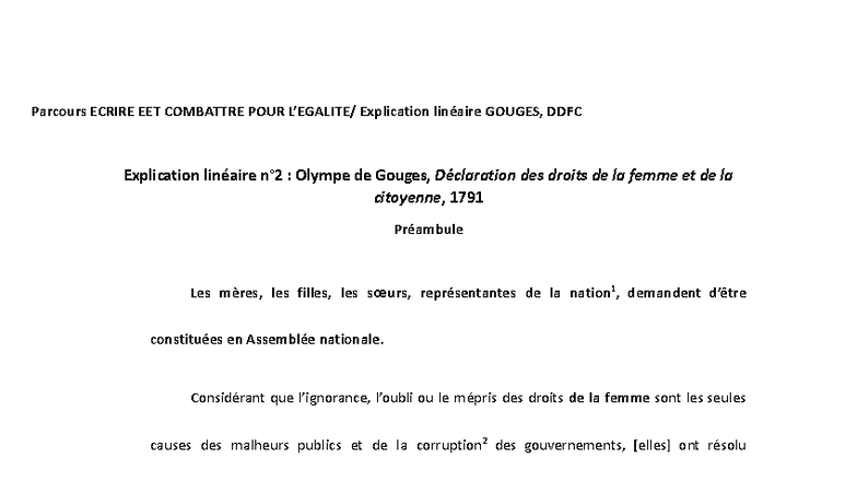 Explication linéaire de Olympe de Gouges et ses Droits des Femmes - Studocu
