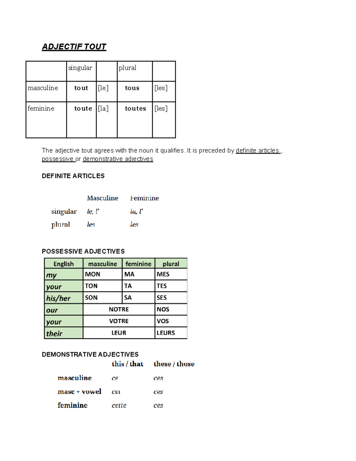 Adjectif TOUT - Google Docs - French B SL - ADJECTIF TOUT singular ...