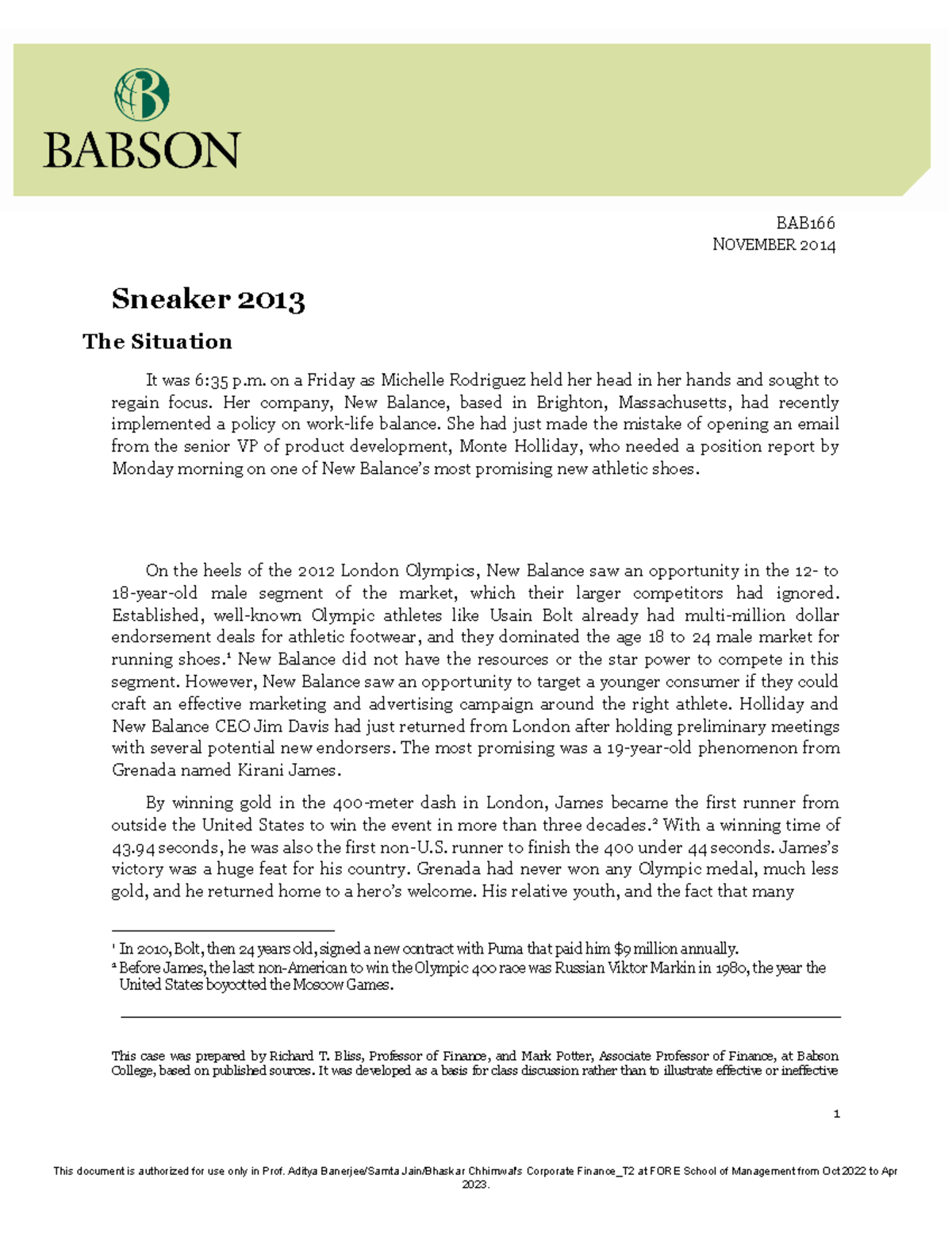 Sneaker 2013 Case Study Analysis for Corporate Finance_T2 - Studocu