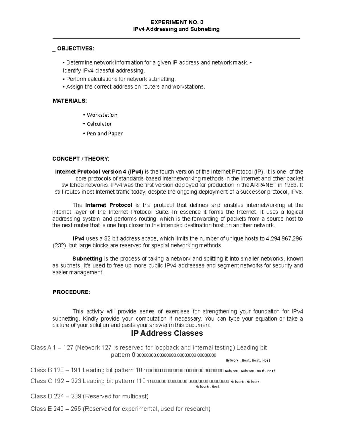 IP Addressing and Subnetting - EXPERIMENT NO. 3 IPv4 Addressing and ...
