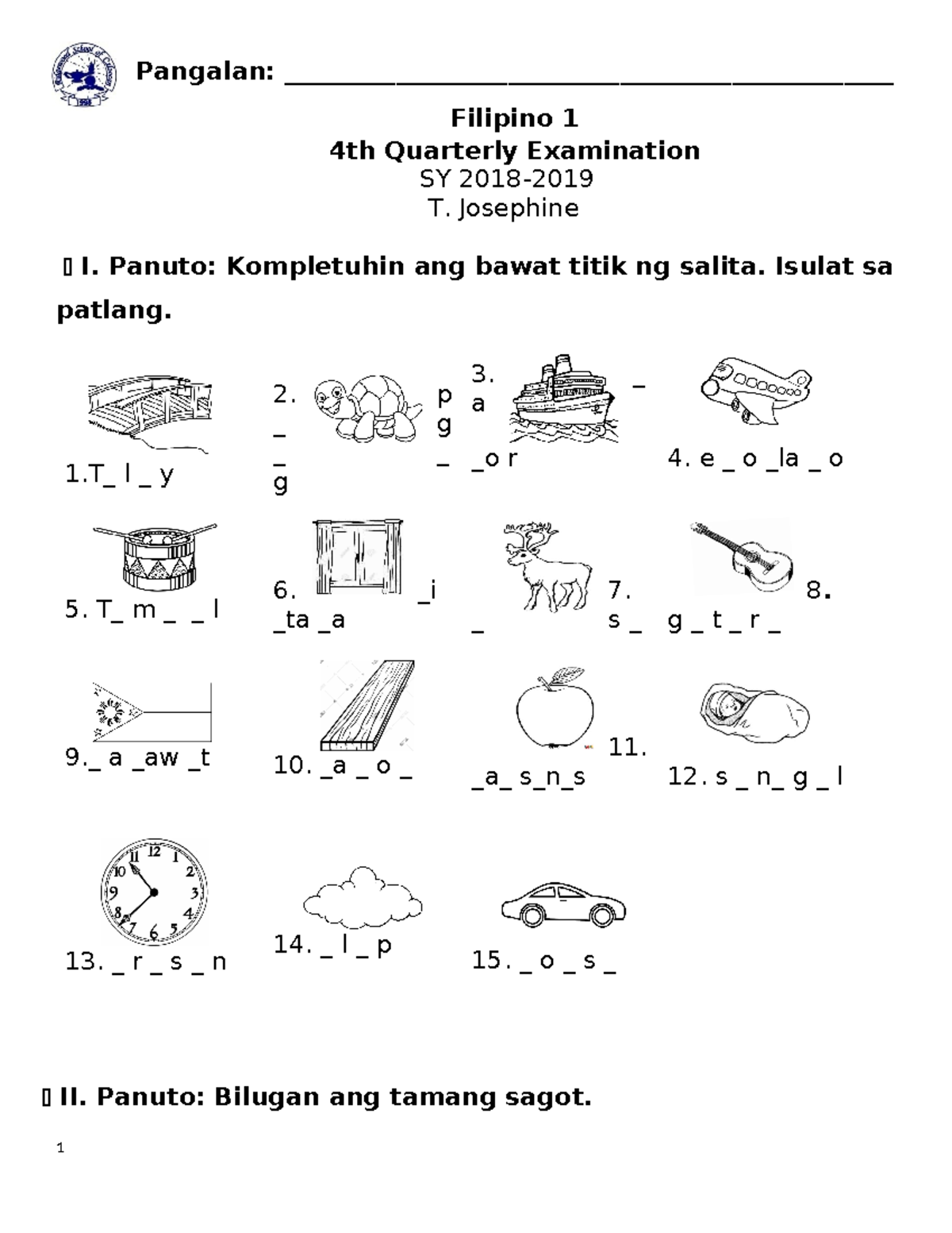 Filipino 1 4th Quarter Exam Study Guide for Grade 1 - Studocu