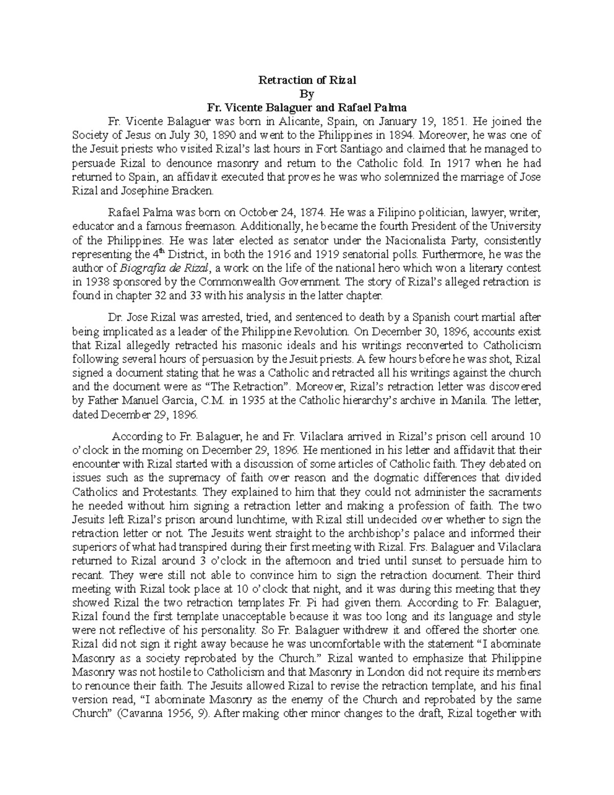 Retraction of Jose Rizal: Analyzing Fr. Balaguer & Palma's Accounts - Studocu