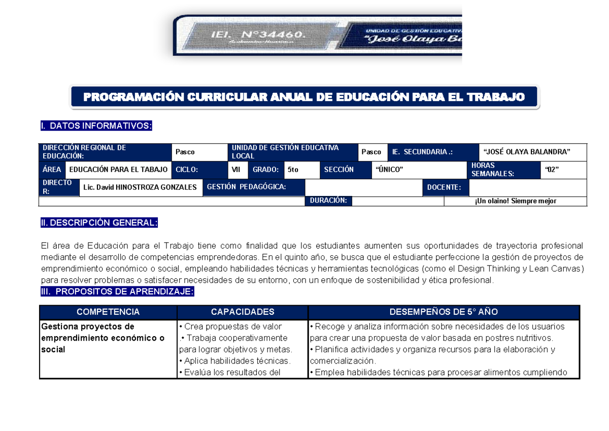 Programación Curricular Anual EPT I - 5to Grado de Secundaria - Studocu