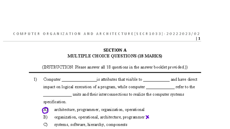 SECR1033 COA Midterm Test: Multiple Choice Questions (18 Marks) - Studocu