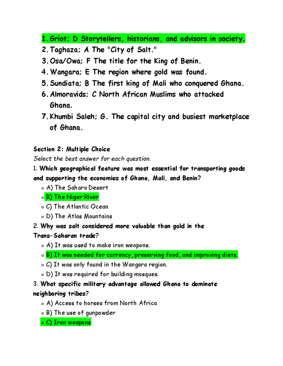 SS Practice Test Answer Key: Societies of Ghana, Mali, and Benin - Studocu