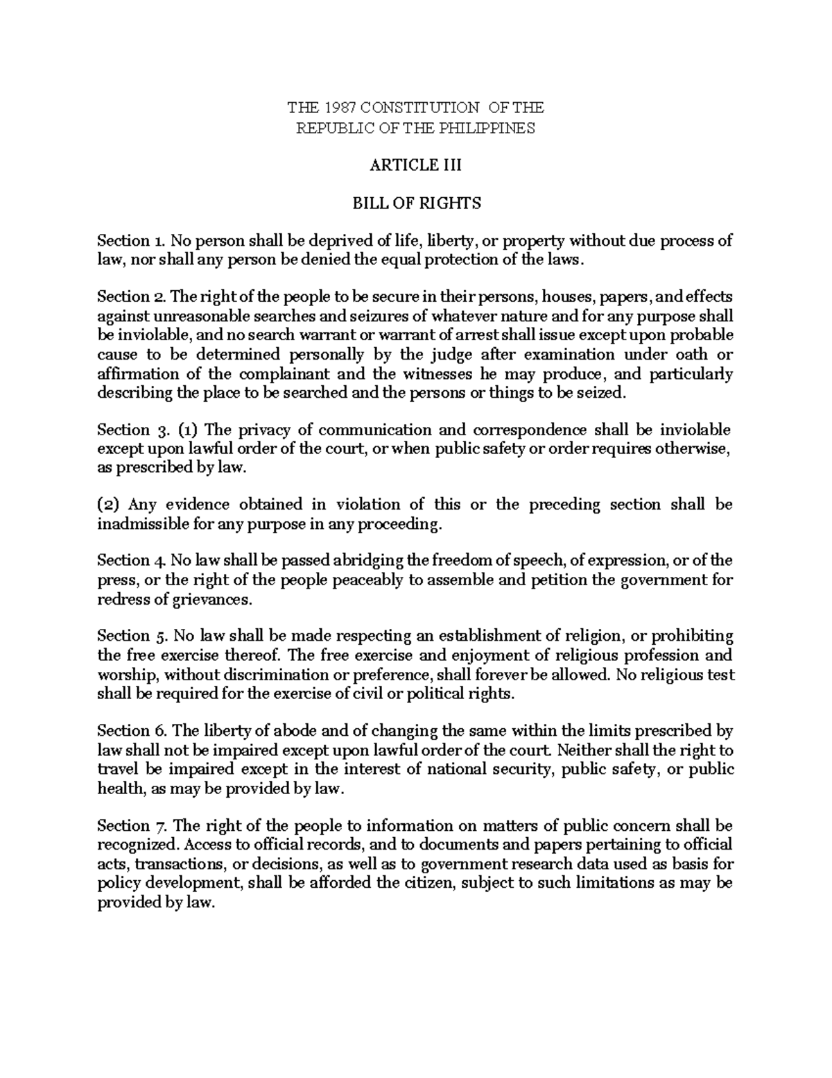Article III - Bill of Rights in the 1987 Philippine Constitution - Studocu