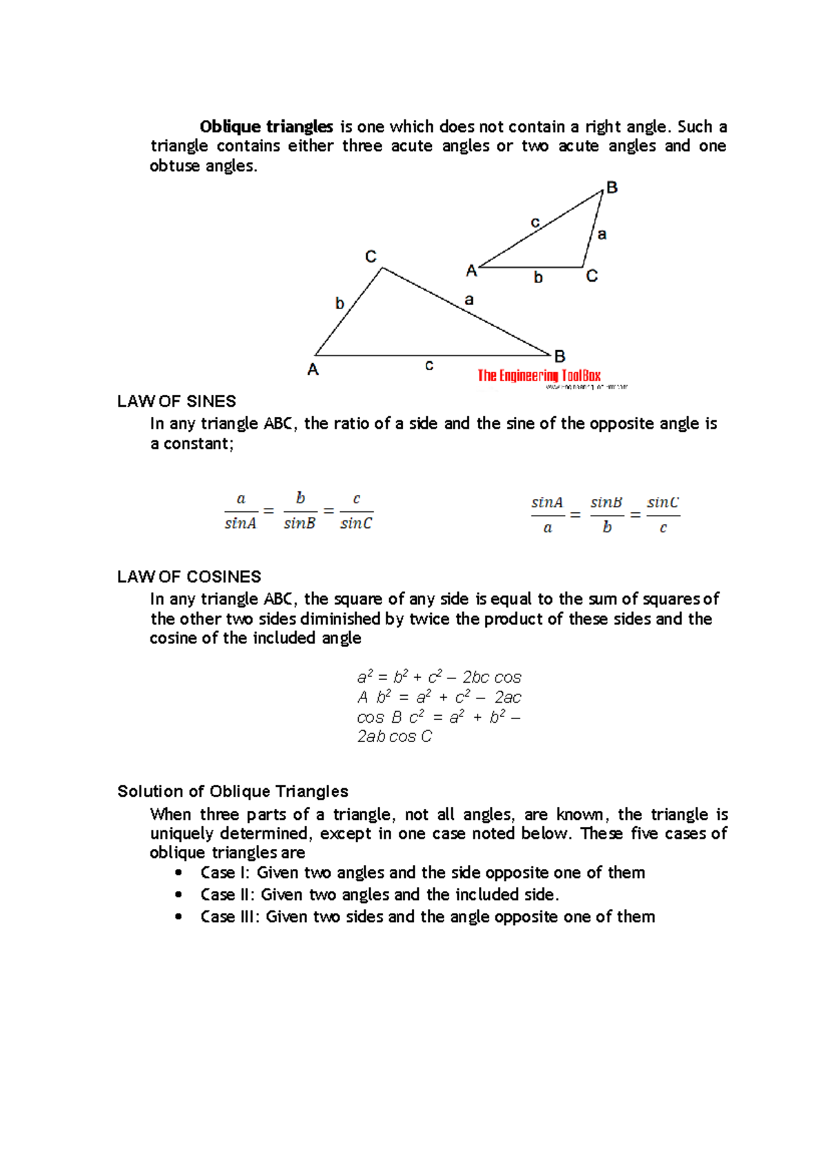 Solutions to Oblique Triangles: Laws of Sines and Cosines Explained ...