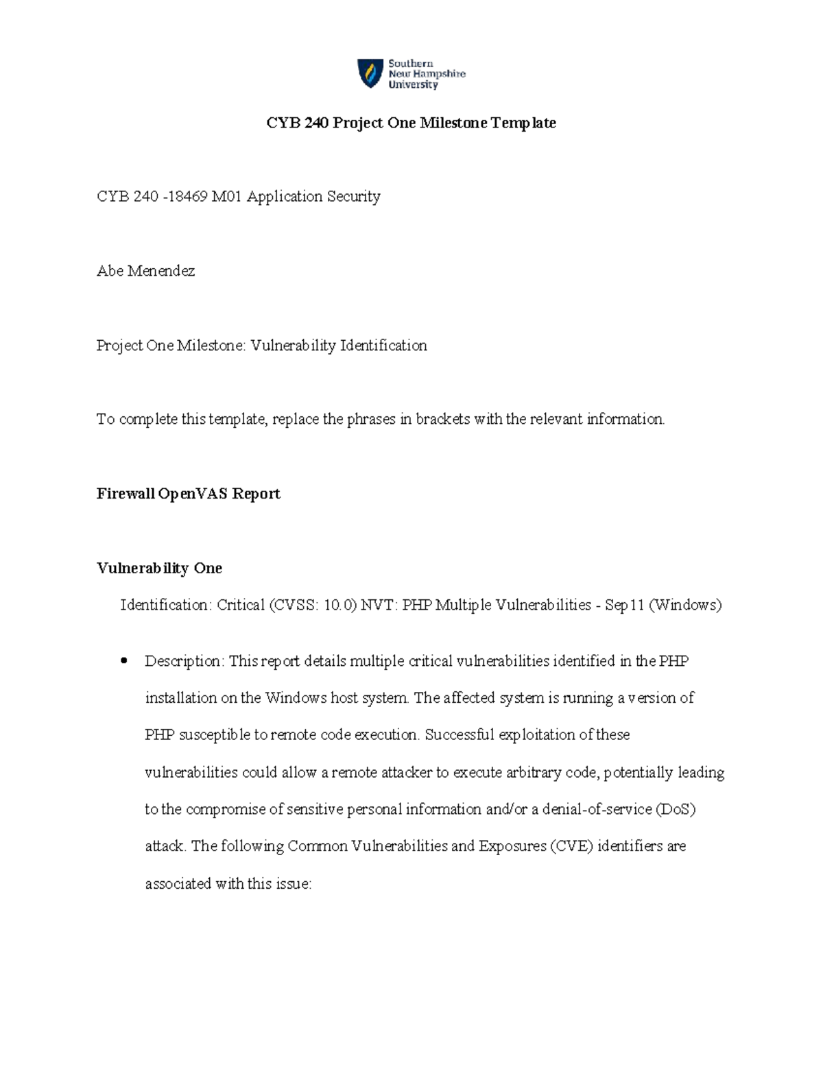 CYB 240 Project One Milestone: Vulnerability Assessment Report - Studocu