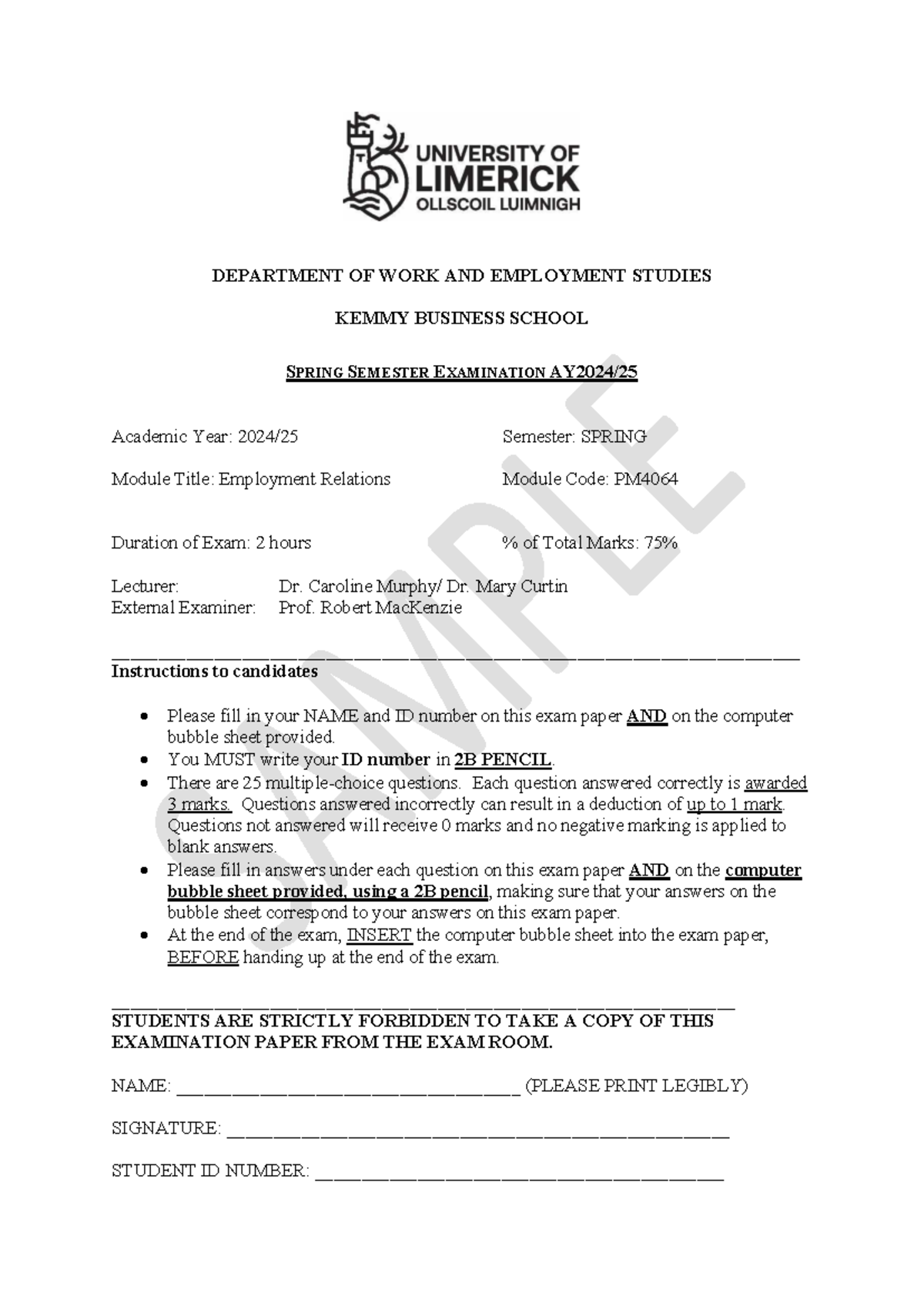 PM4064 Employment Relations Spring Exam Sample Paper 2025 - Studocu