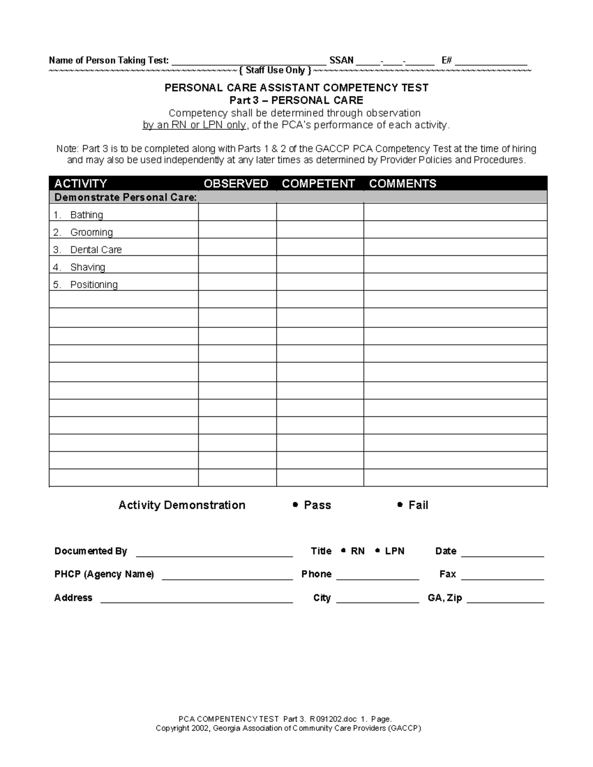 PCA Competency Test Part 3 - Personal Care Activities Evaluation - Studocu