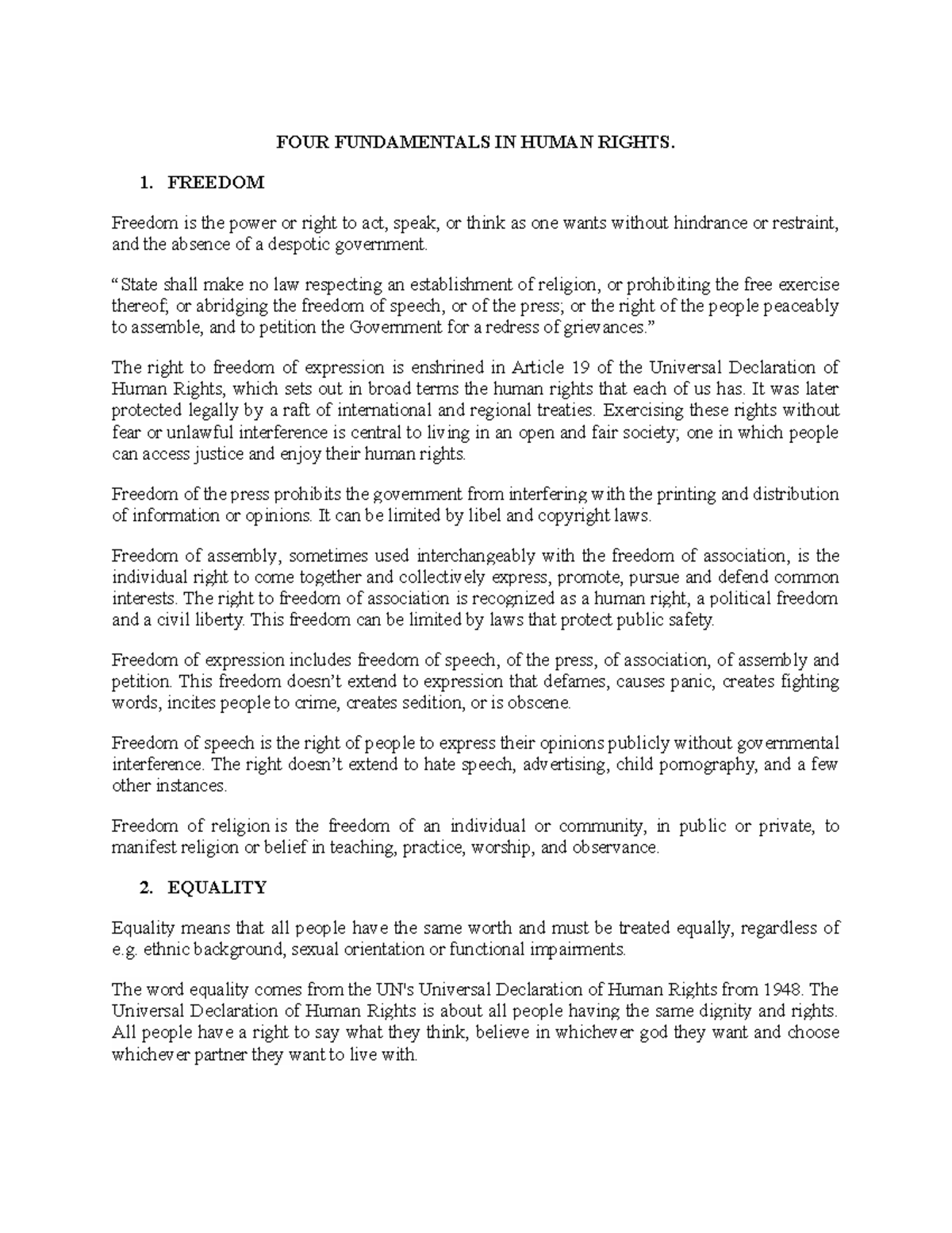 Fundamentals of Human Rights: Freedom, Equality, Justice, Dignity - Studocu