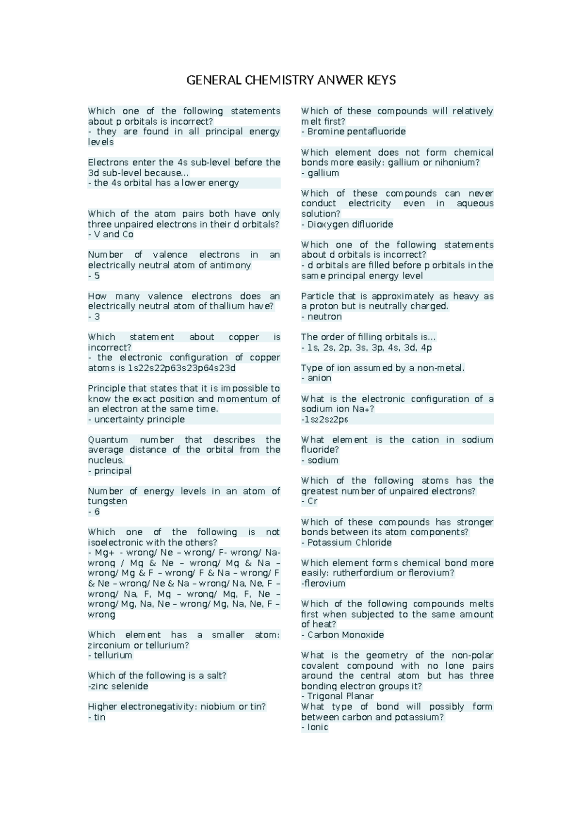 General Chemistry Answer Keys for Exam Preparation - Studocu