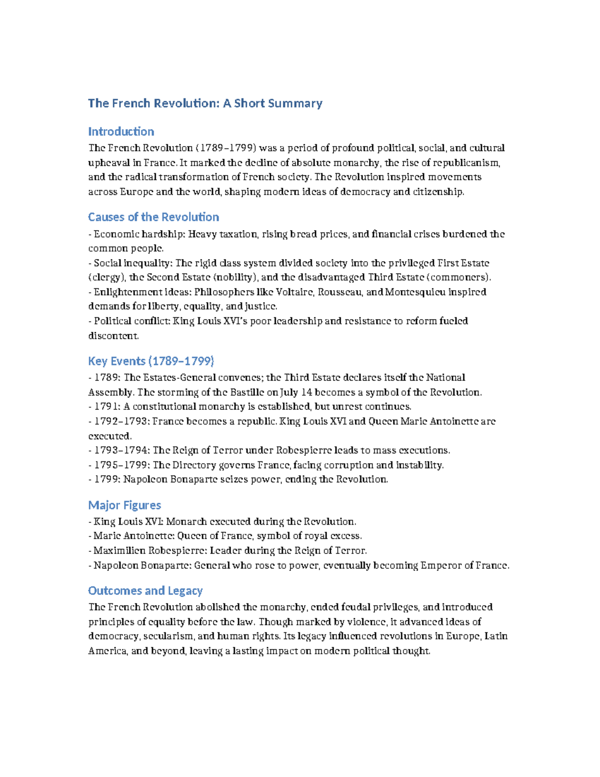 French Revolution Summary: Key Events and Outcomes - Studocu