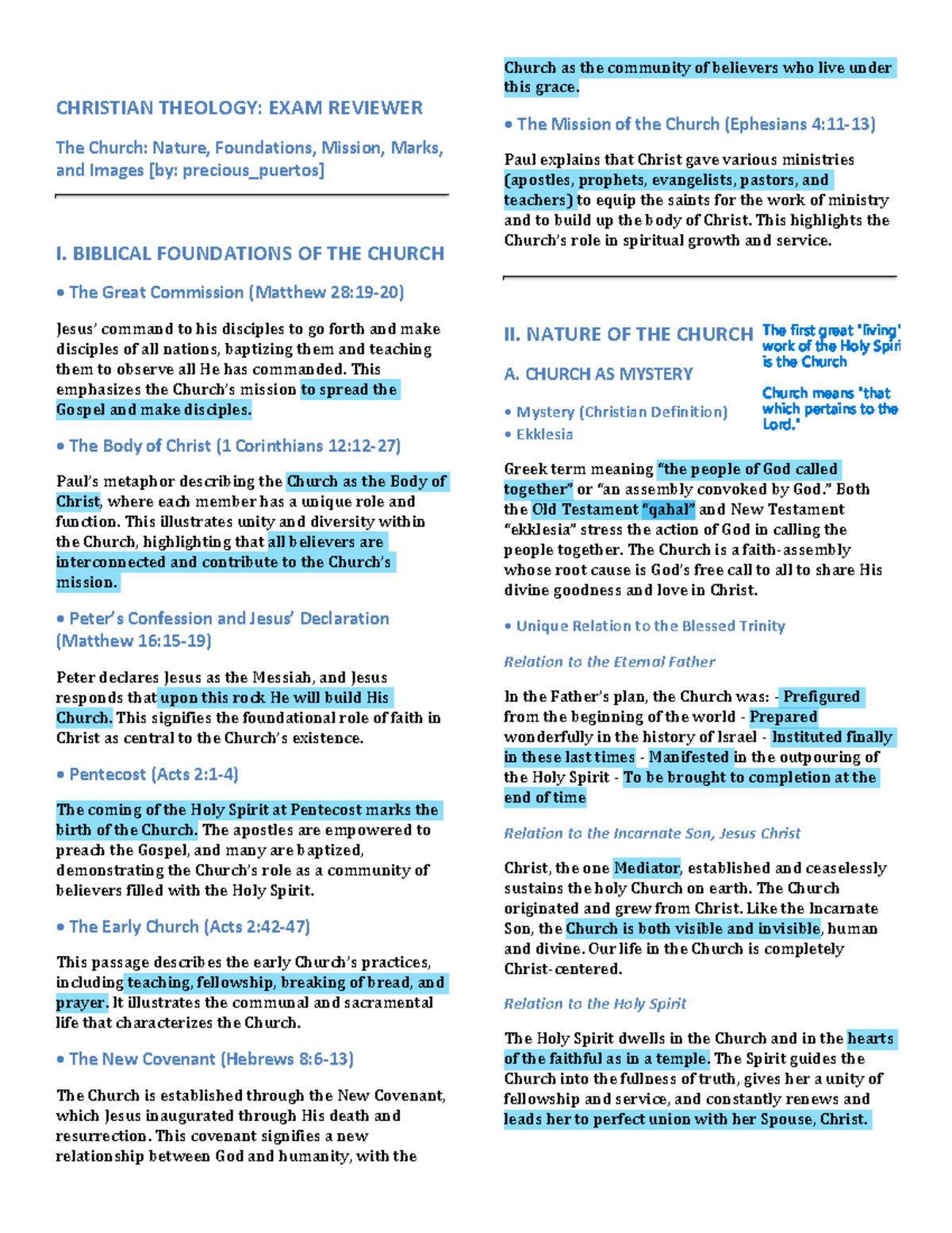 THEO 1.1 - Final Exam Reviewer: The Church's Nature and Mission - Studocu