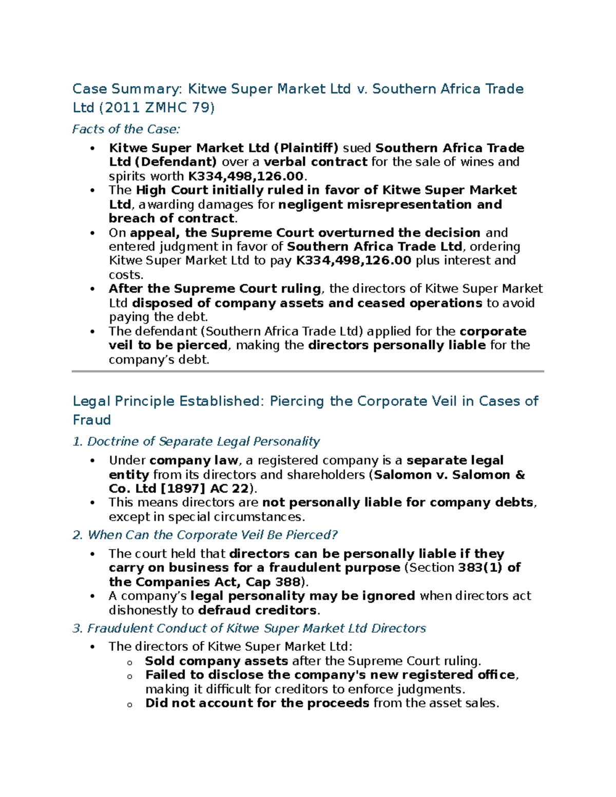 Case Study: Kitwe Super Market Ltd v. Southern Africa Trade Ltd (2011 ...
